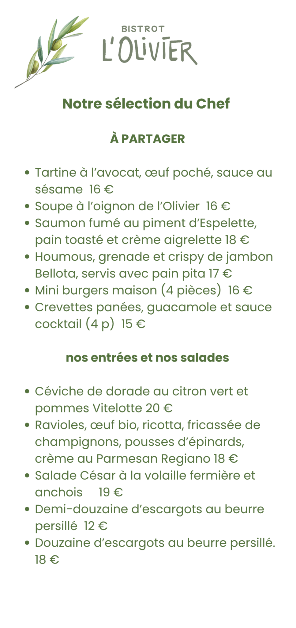 Menu - Bistrot L'olivier est un restaurant gastronomique au pied de ...